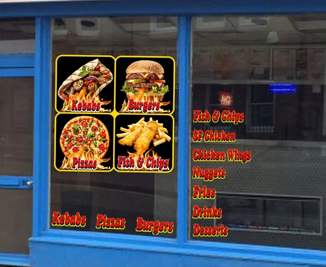 FISH KEBAB BURGER Pizza Windows Sign Writing Kit 3D Takeaway Restaurant ...