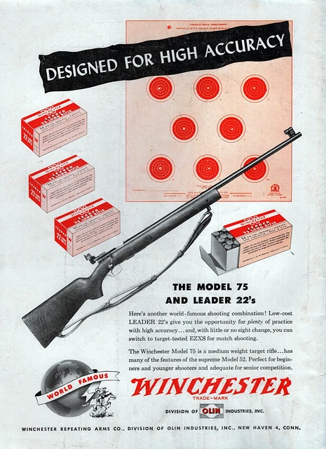 1950 WINCHESTER MODEL 75 Rifle Hunting & Leader Ammo Original Color ...
