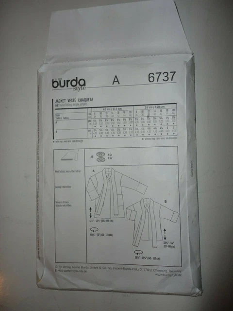 BURDA 6737 MISSES Super Easy Jacket Sewing Pattern Sz Us 8-20 Eur 34-48 ...