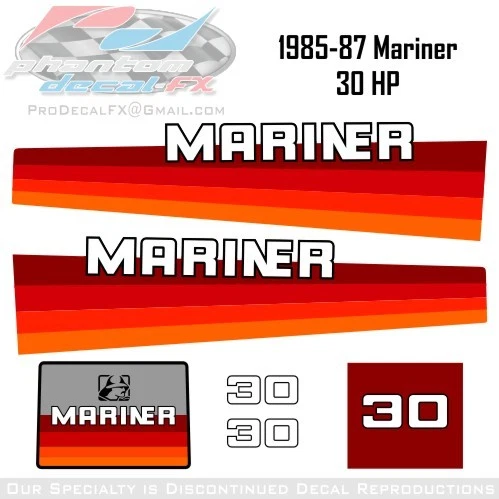 1985-87 MARINER 30 HP Outboard Reproduction 7 Piece Marine Vinyl Decal ...