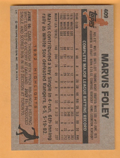 MARV FOLEY CHICAGO White Sox AUTO signé 1983 Topps Kentucky Wildcats 8G ...