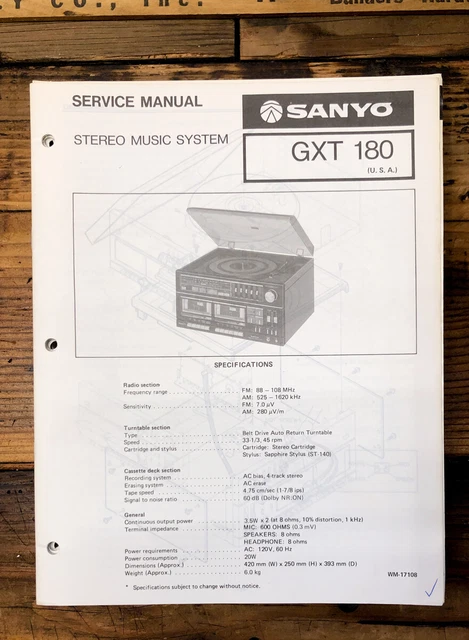 SANYO GXT180 GXT-180 Stereo Service Manual *Original* $19.97 - PicClick