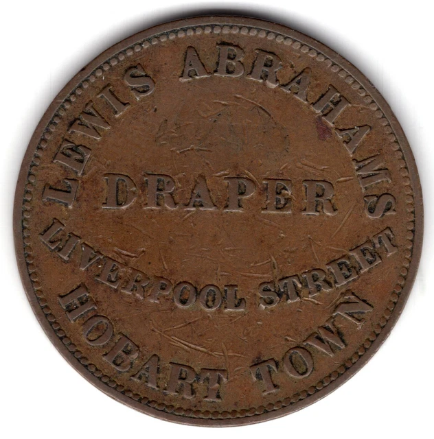 1855 Hobart Tasmania Copper Half-Penny Trade Token Lewis Abrahams $110. ...