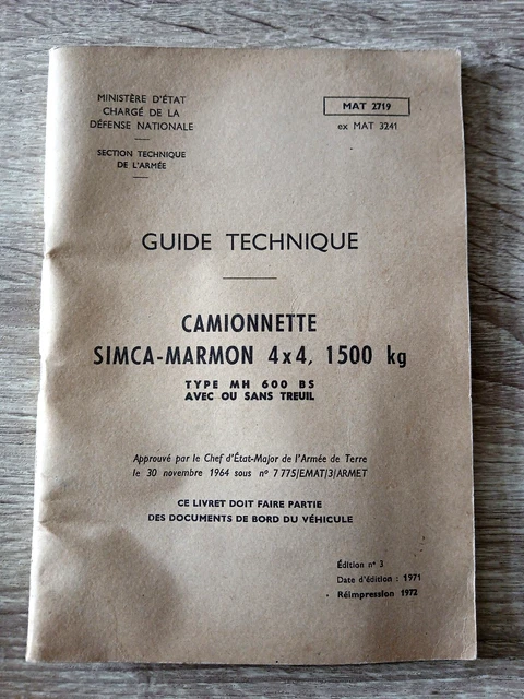GUIDE D'ENTRETIEN CAMIONNETTE 4X4 SIMCA-MARMON type MH 600BS 1972 armée ...