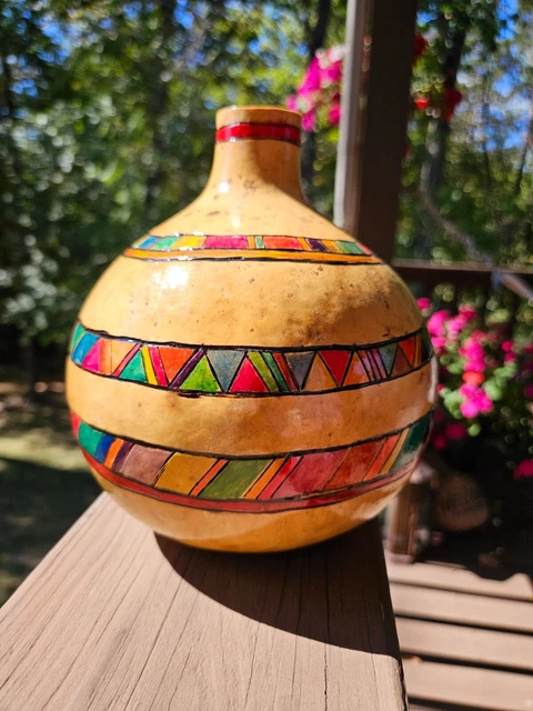VINTAGE GOURD FOLK Art Native American Vase Vessel Handpainted & Signed ...