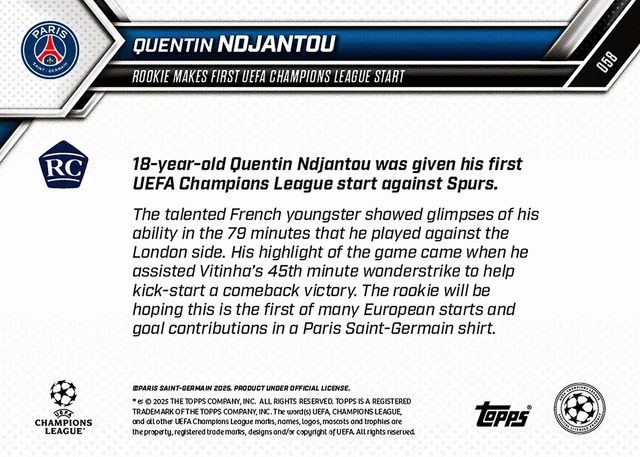 TOPPS NOW UCL 2025/26 - Card 058 - Quentin Ndjantou - Paris Saint ...