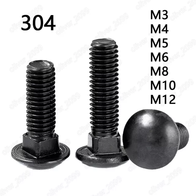M3 M4 M5 M6 M8 M10 M12 Black 304 Stainless Steel Cup Head Square Neck Bolt Screw £10.51 ...