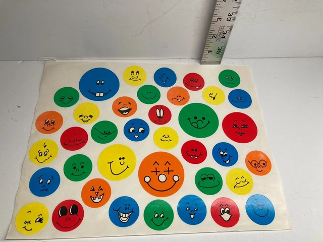 VINTAGE UNUSED SMILEY Face Sticker Sheet Assorted Sizes Primary Colors ...