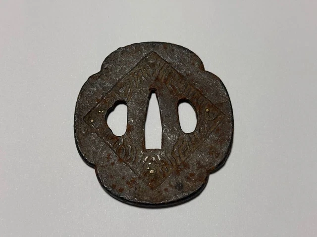 ANCIENNE RARE ÉPÉE japonaise incrustation laiton forme diamant Tsuba ...