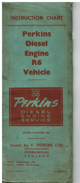 PERKINS TYPE R6 Diesel Engine Original 1953 Factory Instruction Wall ...