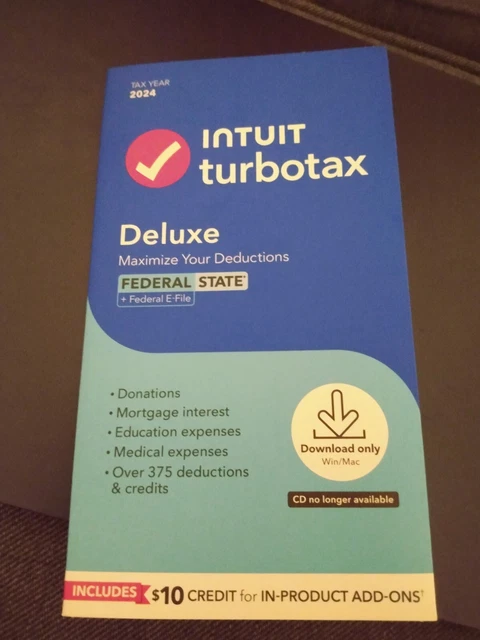 INTUIT TURBOTAX DELUXE 2024 Federal + E-File & State 1 User Win/Mac $85 ...
