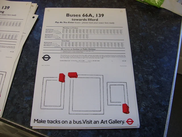 LONDON TRANSPORT BUS Stop Panel Timetable-Routes 66A 139-January 1987 ...
