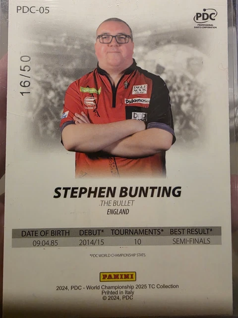 PANINI PDC WC 2025 Stephen Bunting 'The Bullet' 16/50 Parallel Card £47 ...