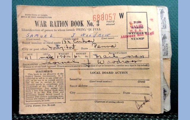 1940S ANTIQUE WWII WAR RATION BOOK owned SAMUEL J.WOODROW MAILMAN forty ...