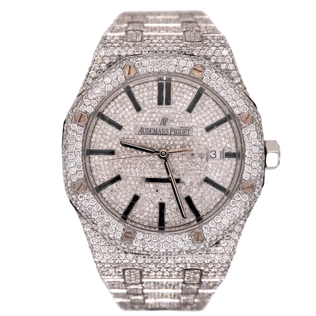 AUDEMARS PIGUET ROYAL Oak 41mm Mens Steel Watch Iced Out 25ct Diamonds ...