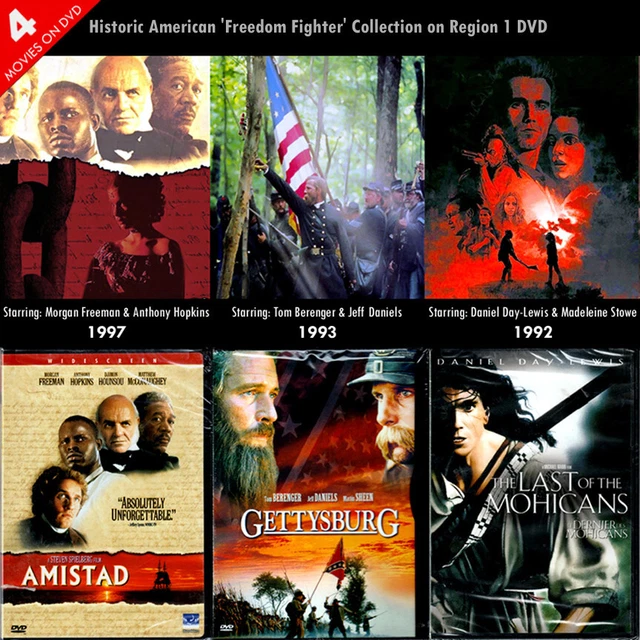 4 DVD AMERICAN History AMISTAD+GETTYSBURG+LAST OF THE MOHICANS+Bonus ...