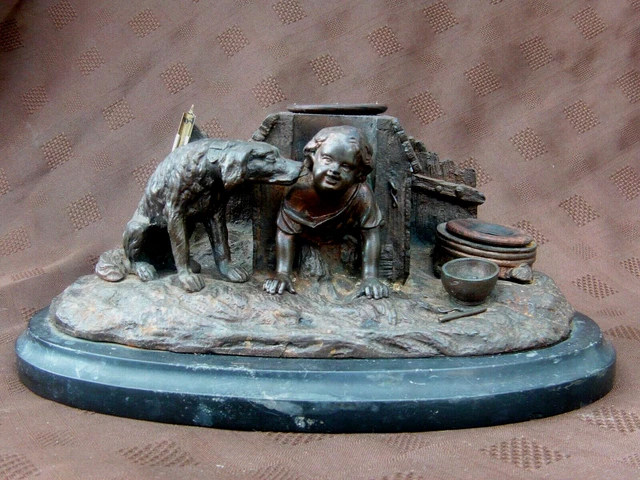 ANTIQUE CAST IRON Desk Ink Well Stand "Little Girl Playing in Dog ...