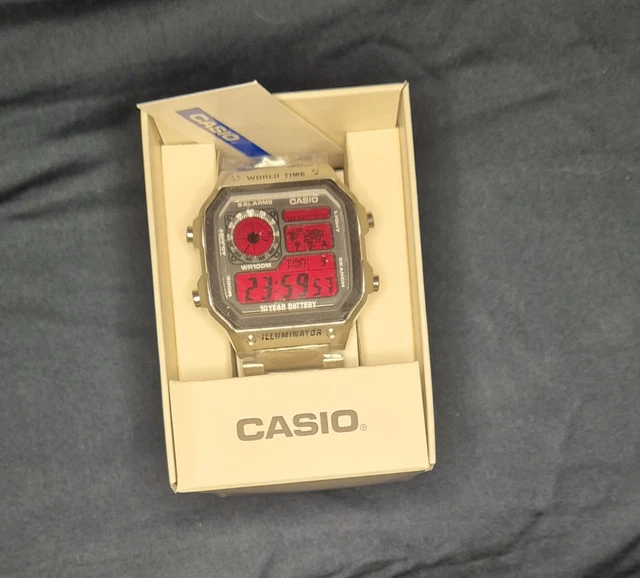 CASIO 🟥 RED World Time Illuminator "Royale" AE-1200WHD-1AVEF Digital ...