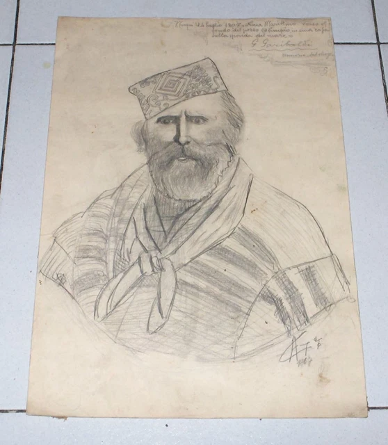 VINTAGE DRAWING PAINTING GIUSEPPE GARIBALDI from 1867 SIGNED pencil ...