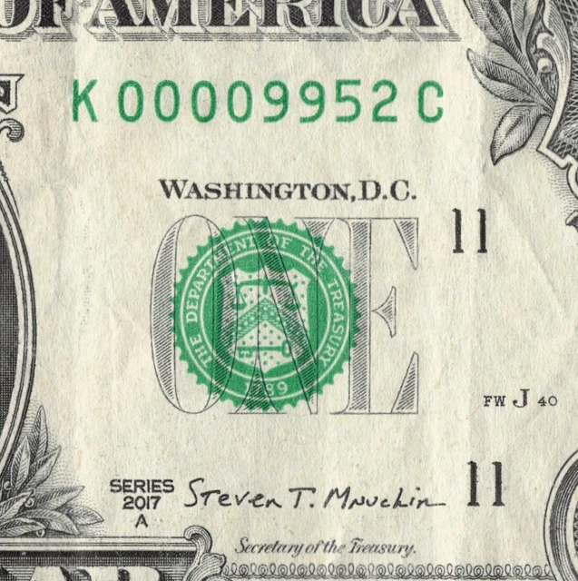 LOW SERIAL NUMBER Fancy Serial Number One Dollar Bill K00009952C ...