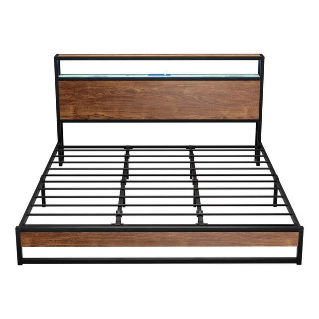 OIKITURE METAL BED Frame King Size LED Storage Headboard USB Charge ...
