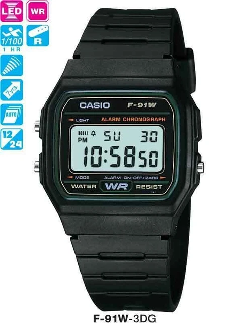 CASIO F91W-3DG CLASSIC Digital Black Resin Chronograph Alarm Sport ...