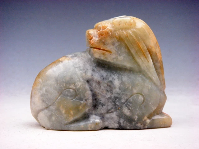 OLD NEPHRITE JADE Stone Carved Sculpture Furious Lion Looking Back ...