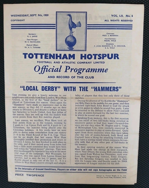 WEST HAM UNITED Away Programme v Spurs 09-09-1959. £1.45 - PicClick UK