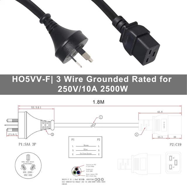 C19 POWER CABLE Australia 3 Prong 1.8M Heavy Duty 1.0Mm2/3C Cord for ...