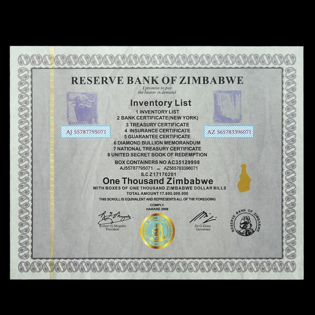 ONE THOUSAND ZIMBABWE Large Certificate Commemorative Paper Notes with ...