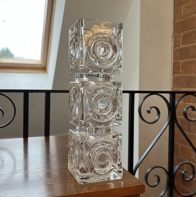 VINTAGE ROYAL KRONA Bengt Edenfalk Sweden Clear Glass Block Vase Mid ...