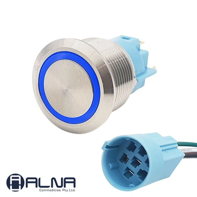 SWITCH PUSH BUTTON Momentary ON/OFF 12V 19mm NO/NC IP67 BLUE LED RING ...