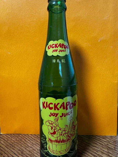 1965 FULL 10 Oz KICKAPOO JOY JUICE Green Soda Bottle Cola YELLOW Label ...