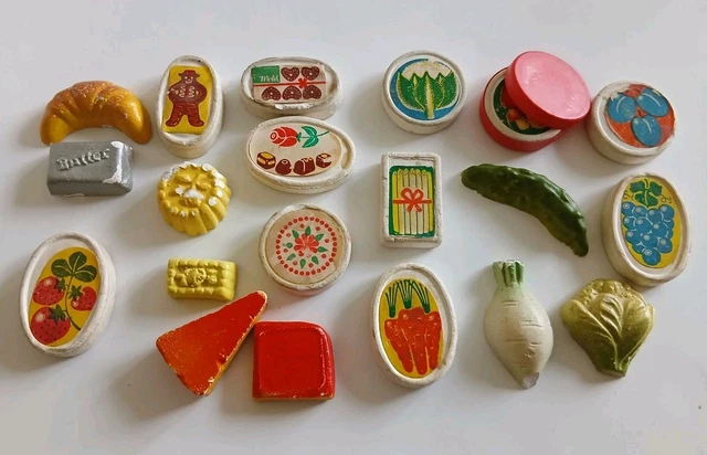 21 ALTE SCHAUGERICHTE Kaufladen Gips Kaufmannsladen Puppenstube DDR EUR ...