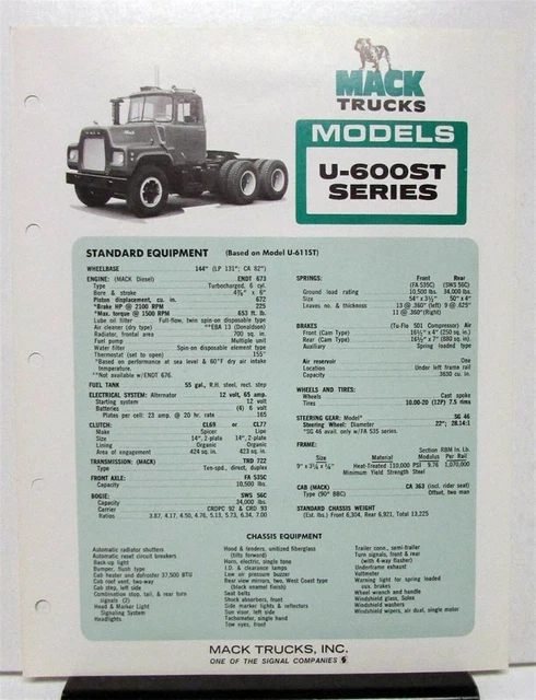 1974 MACK TRUCK Model U 600ST Specification Sheet £12.08 - PicClick UK