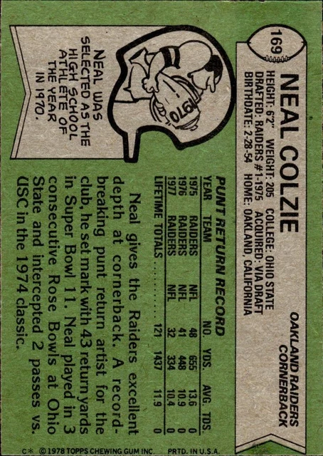 NEAL COLZIE 1978 Topps Football #169 ACHETEZ 2 ARTICLES POUR 50 % DE ...