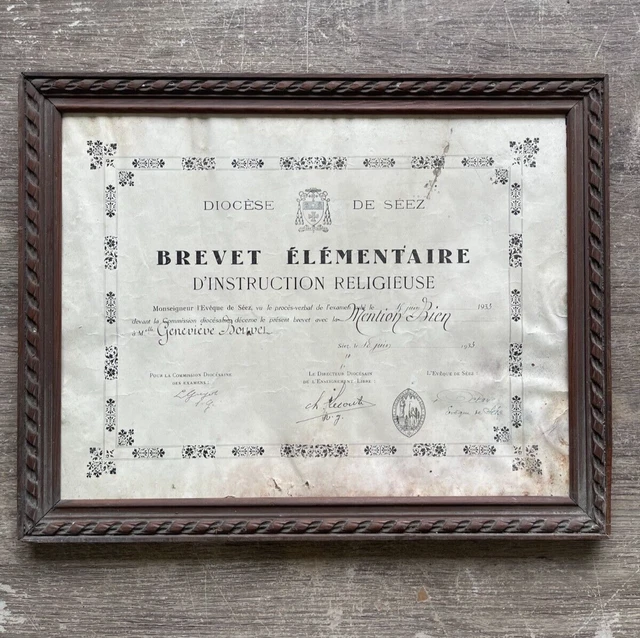 ANCIEN DIPLÔME CERTIFICAT brevet d'instruction Religieuse BOUVER ...
