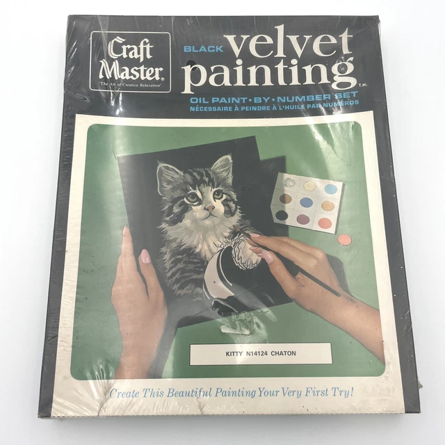 VINTAGE CRAFT MASTER Black Velvet Painting Kitty Paint By Numbers Kit ...