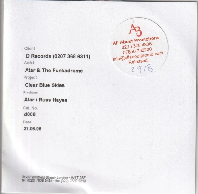 ATAR AND THE Funkadrome Clear Blue Skies CDr UK D 2005 official cdr ...
