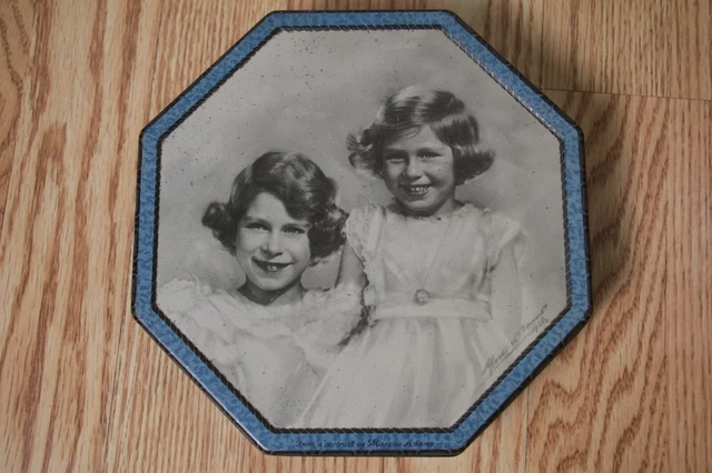 1937 METAL BISCUIT Tin Box Coronation Princess Elizabeth, Margaret 8 ...