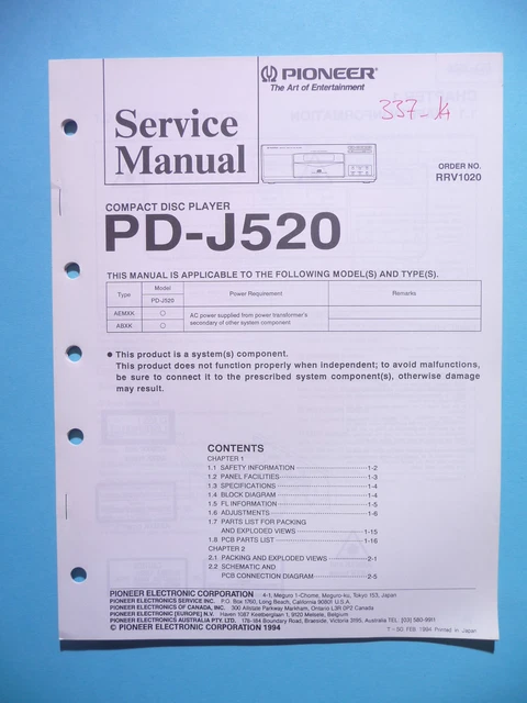 SERVICE MANUAL PER Pioneer PD-J520, Originale EUR 13,17 - PicClick IT
