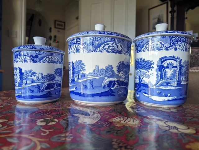 SPODE BLUE ITALIAN set of 3 Lidded Storage Jars very good condition £80 ...