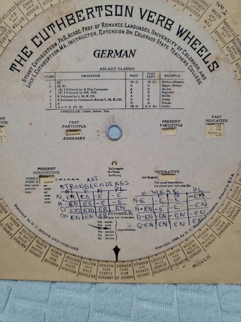ORIGINAL THE CUTHBERTSON German Verb Wheel Vintage 1933 Copyright Heath ...
