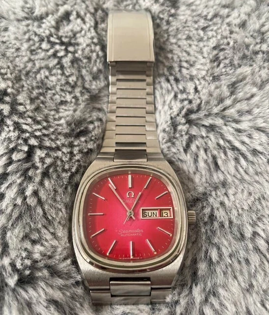 OMEGA SEAMASTER TV Screen Watch Automatic Men's Red Dial Date Vintage ...