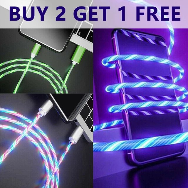 CABLE FLOWING LIGHT Up For Charger Data Type-C iPhone USB Sync Charging ...