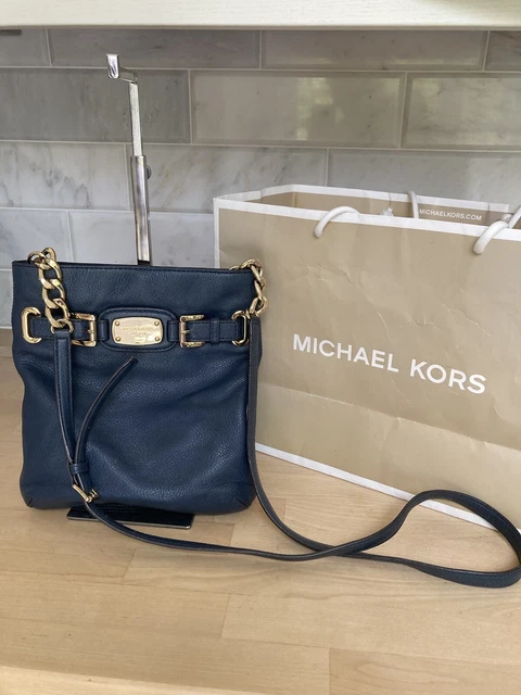 MICHAEL KORS HAMILTON Crossbody Side Bag Navy Blue Pebbled Leather Gold ...