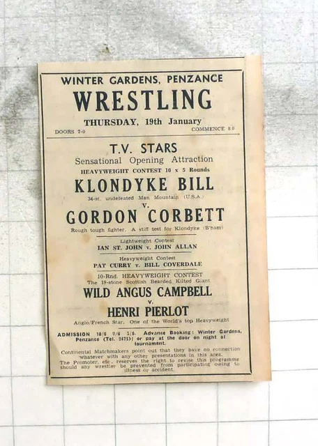1967 WINTER GARDENS Penzance Wrestling Klondike Bill Gordon Corbett £5. ...