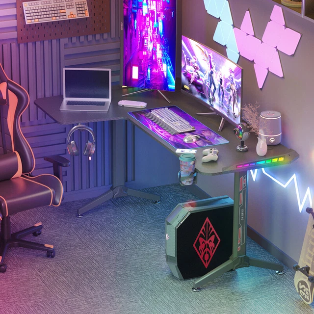 RGB L SHAPED Gaming Desk Carbon Fibre Corner Desk Computer Monitors ...
