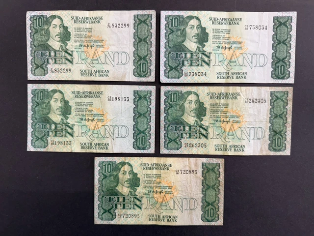 RARE SOUTH AFRICA 10 Rand Banknote Set 1978-1993 (5) LOT: 3108-446 £0. ...