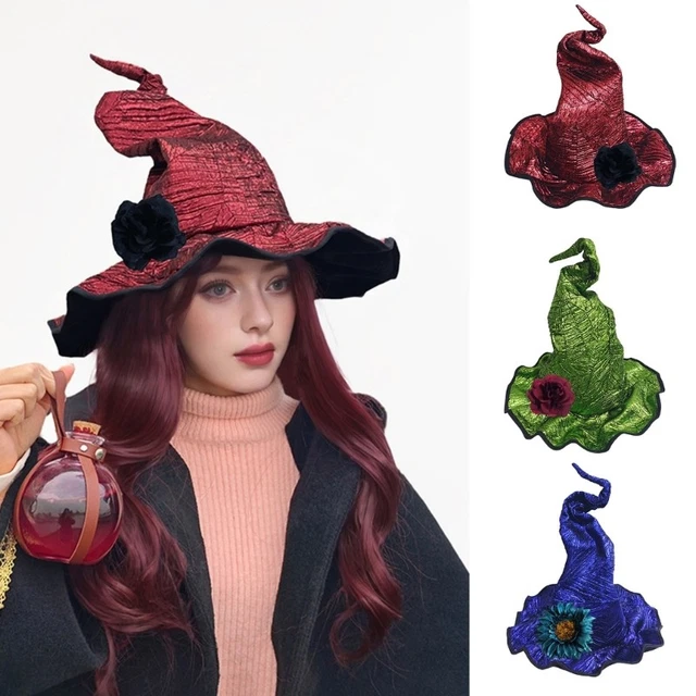 WOMEN WITCH HAT Twisted Wizard Hat with Flower For Halloween Costume ...